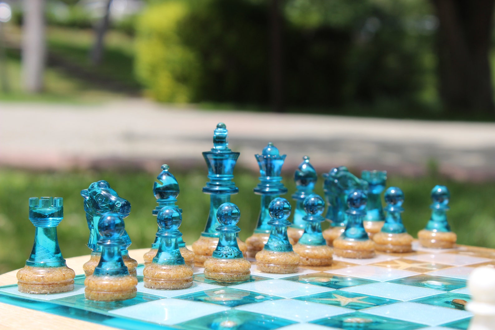 Beach Chess Set With Natural Wooden Storage, Ocean Beach Themed Resin ...