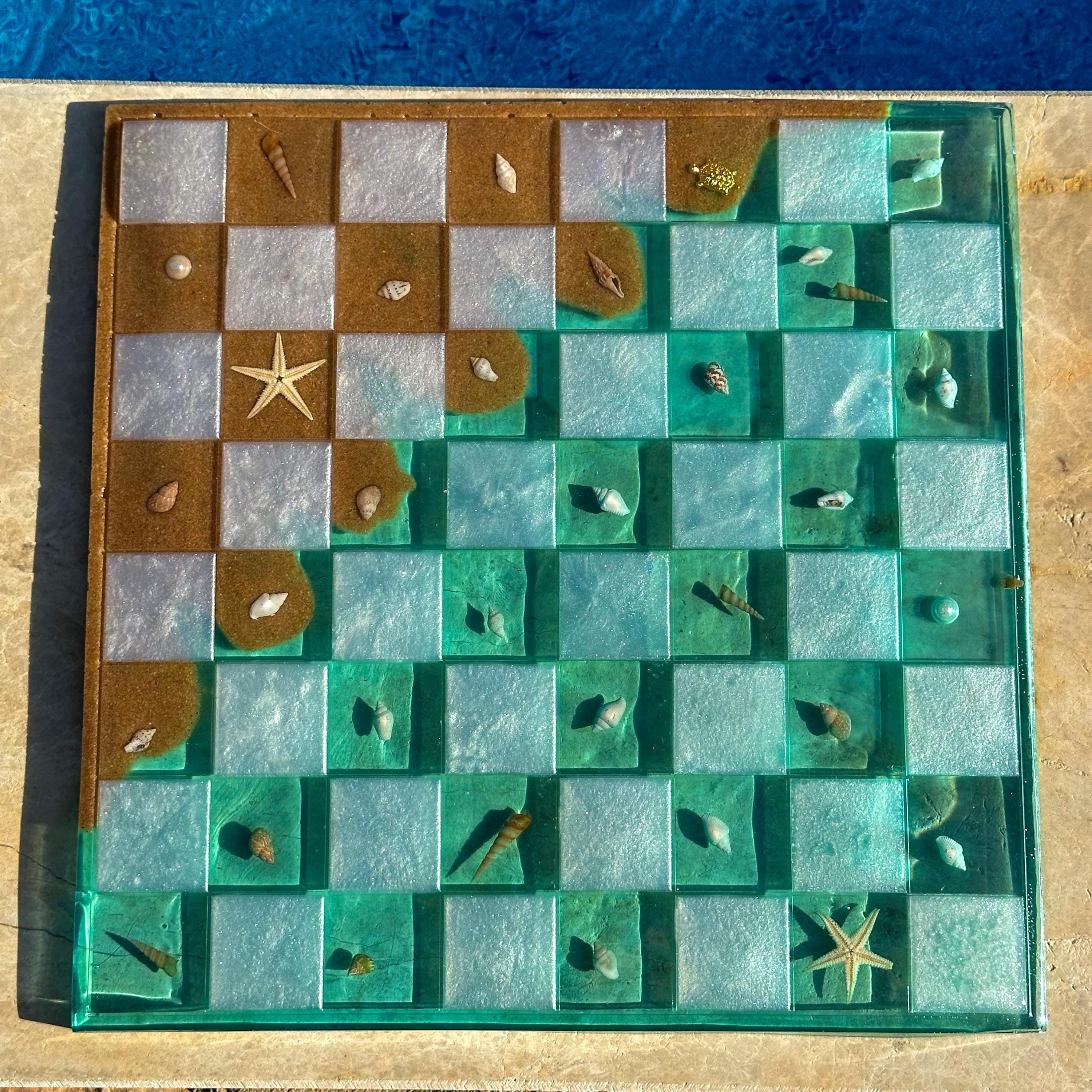 Beach Chess Set With Natural Wooden Storage, Ocean Beach Themed Resin ...