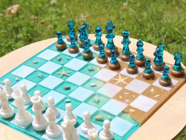 Beach Chess Set With Natural Wooden Storage, Ocean Beach Themed Resin ...