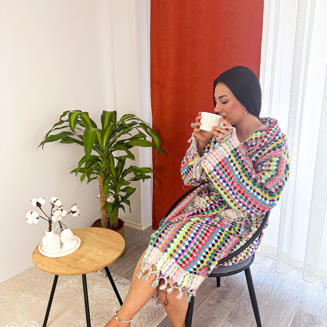 100% Cotton Premium Turkish Bathrobe for Women, Handwoven Pockets ...