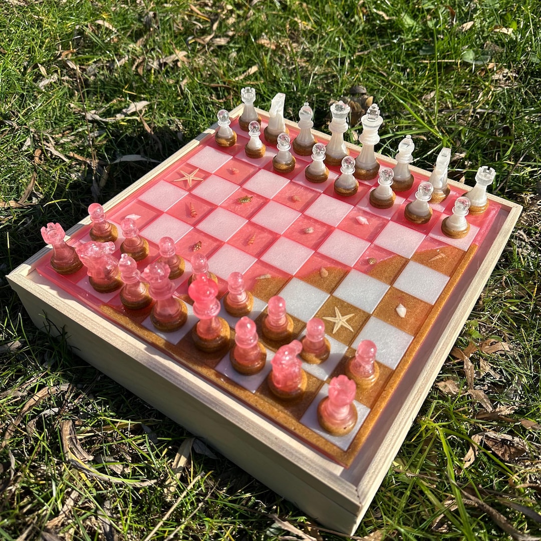 Luxury Pink Beach Chess and Checkers Set With Storage, Resin Ocean ...