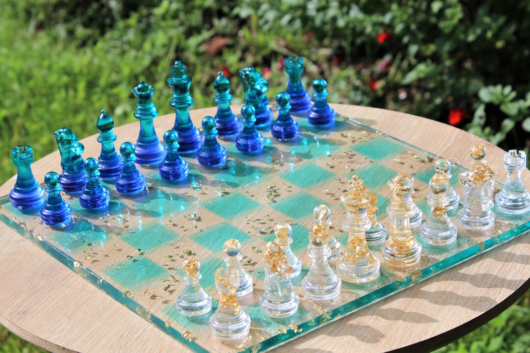 Ocean Blue Chess Set With Storage, Custom Resin Chess Set With Gold ...