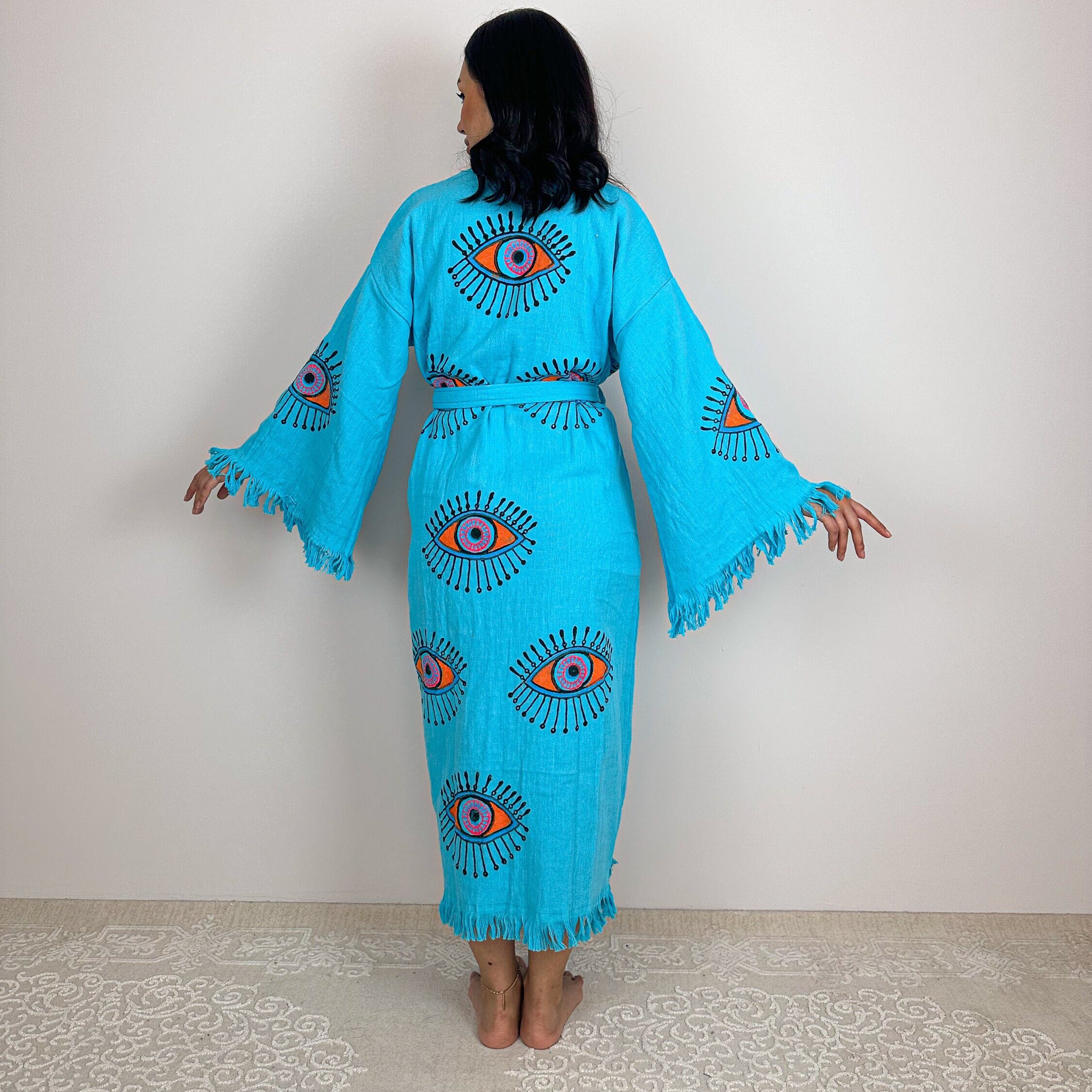 Dressing Gown, Organic Cotton Handprinted Evil Eye Robe, Beachwear ...