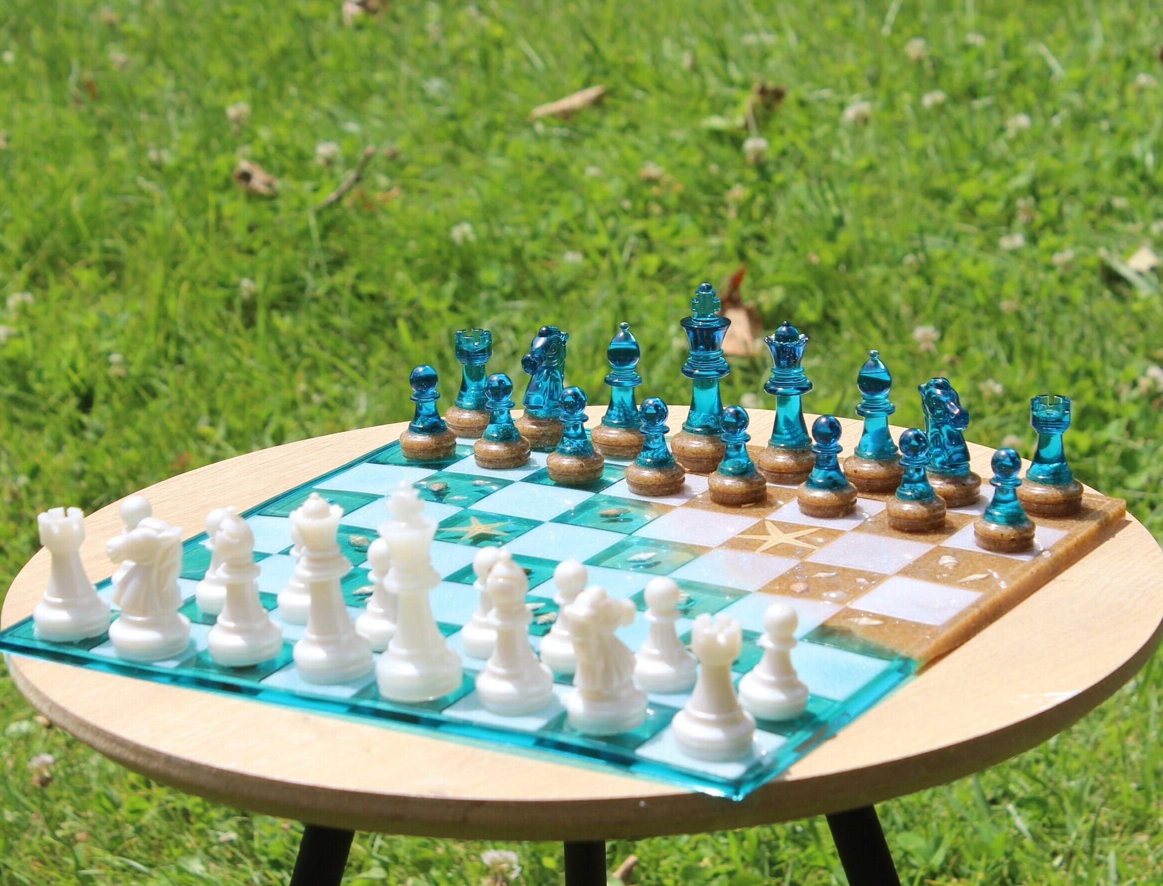Beach Chess Set With Natural Wooden Storage, Ocean Beach Themed Resin ...