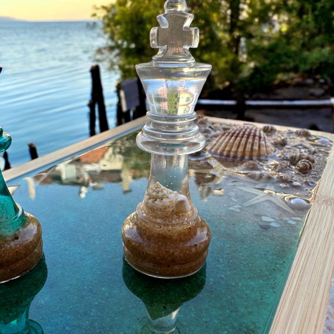 Handmade Resin Ocean Chess-checkers Set With Seashells & Wooden Box ...