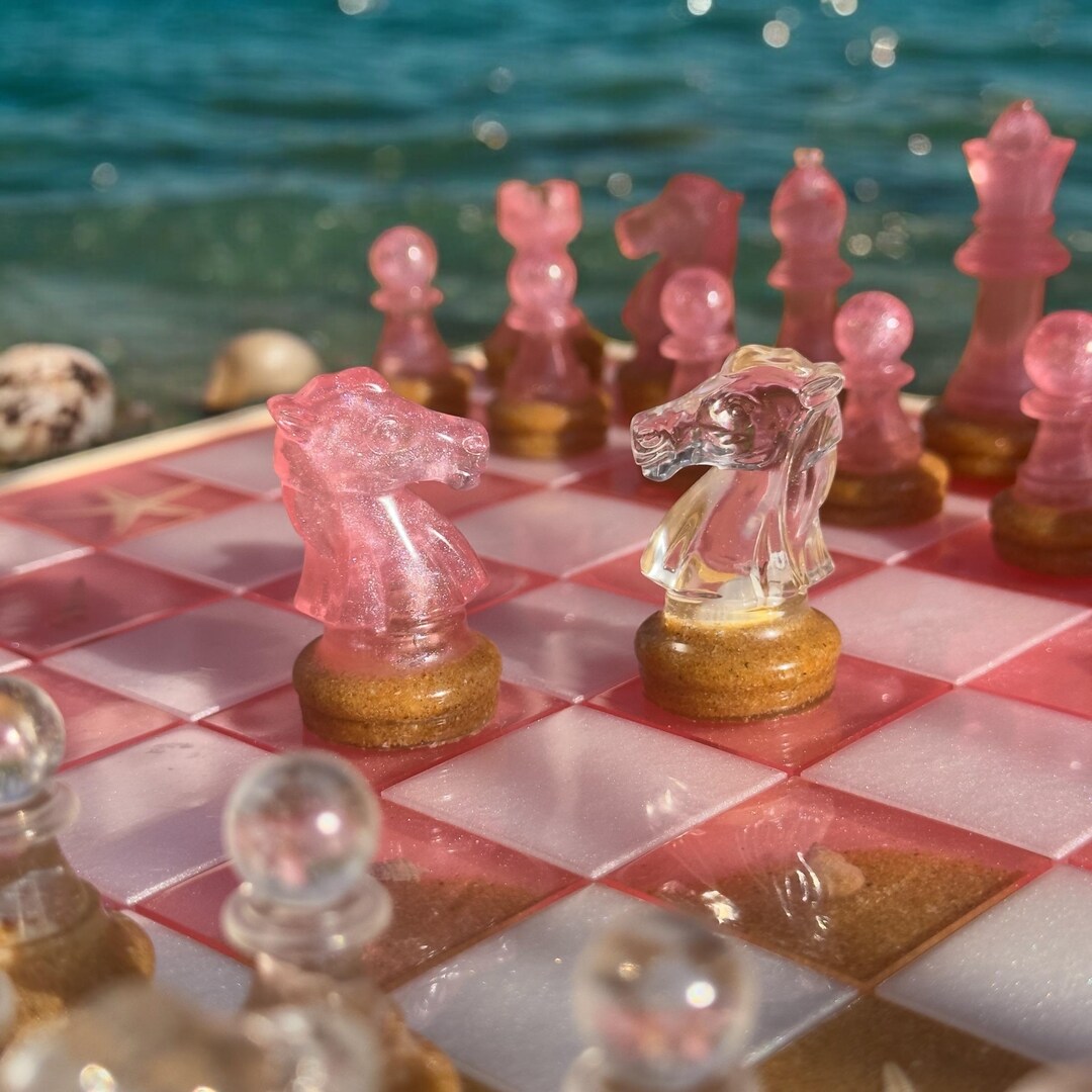 Handmade Pink Chess Set With Wooden Box – Resin Ocean Chess Set for Her ...