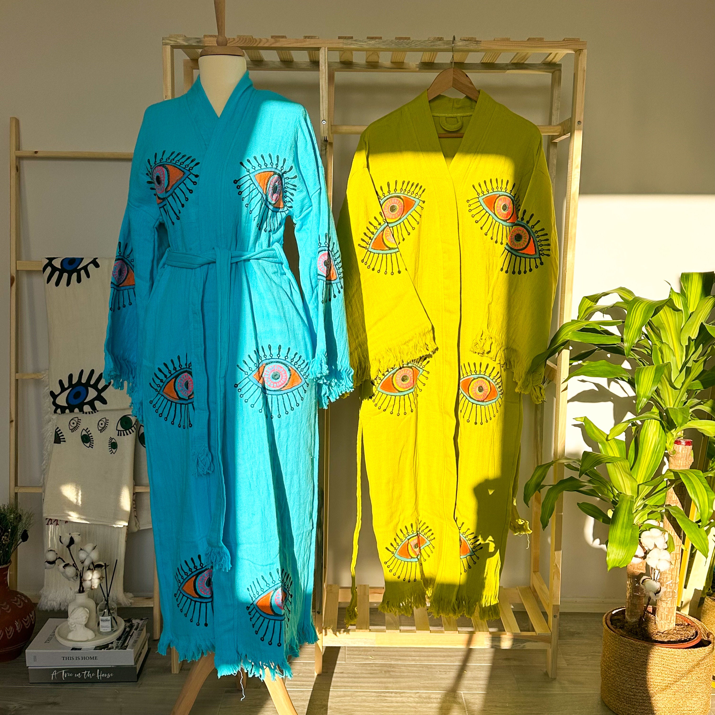 Handmade High Quality Organic Cotton Evil Eye Robe, Handprinted Luxury ...