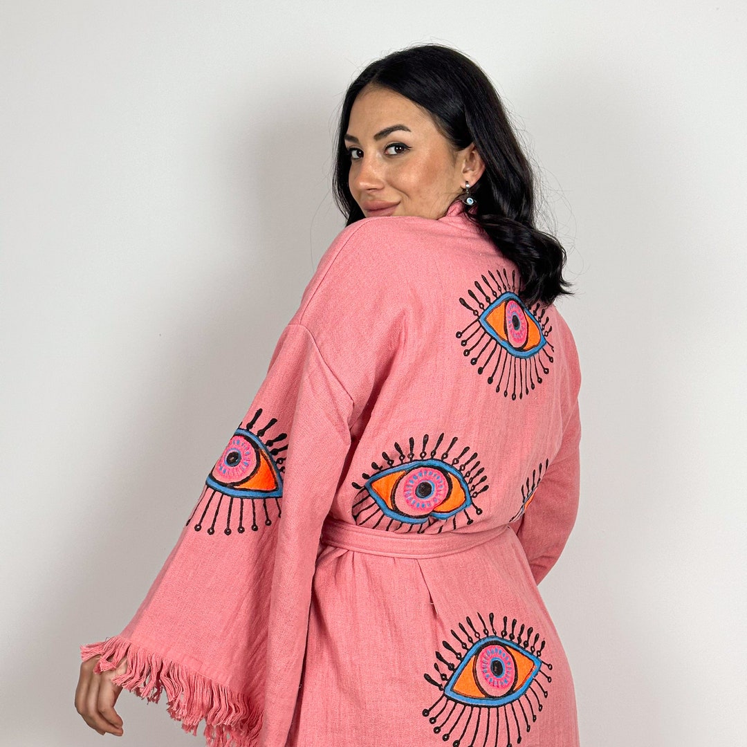 Pink Evil Eye Kimono, Organic Handprinted Evil Eye Ethnic Boho Festival ...