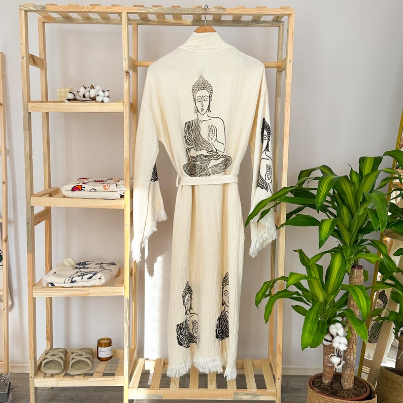 Organic Cotton Ethnic Caftan, Handprinted Buddha Kimono Robe, Boho ...