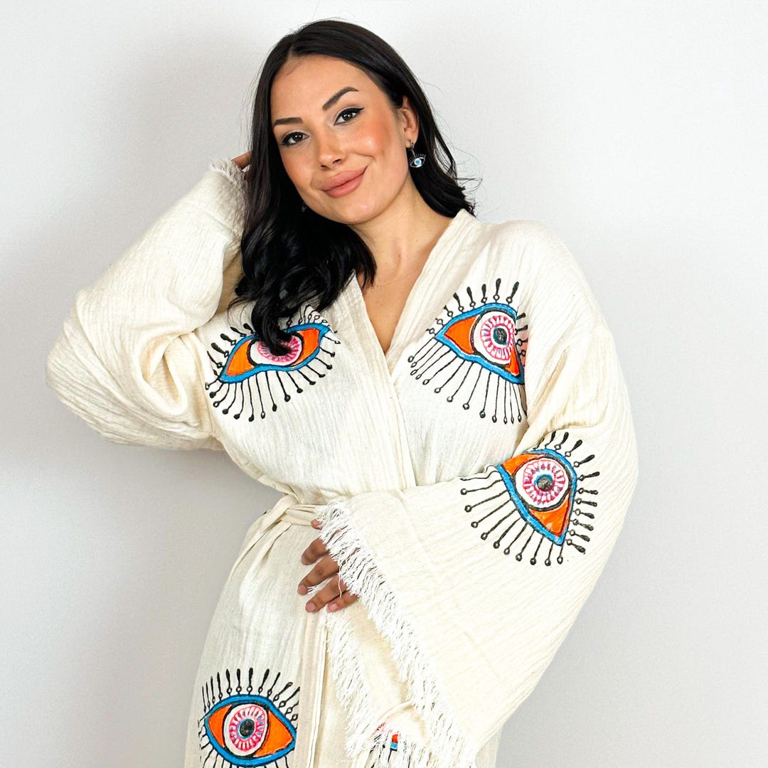 Handmade Organic Cotton Evil Eye Robe, Handprinted Festival Kimono ...