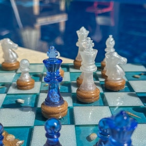 Beach Chess Set With Natural Wooden Storage, Ocean Beach Themed Resin ...