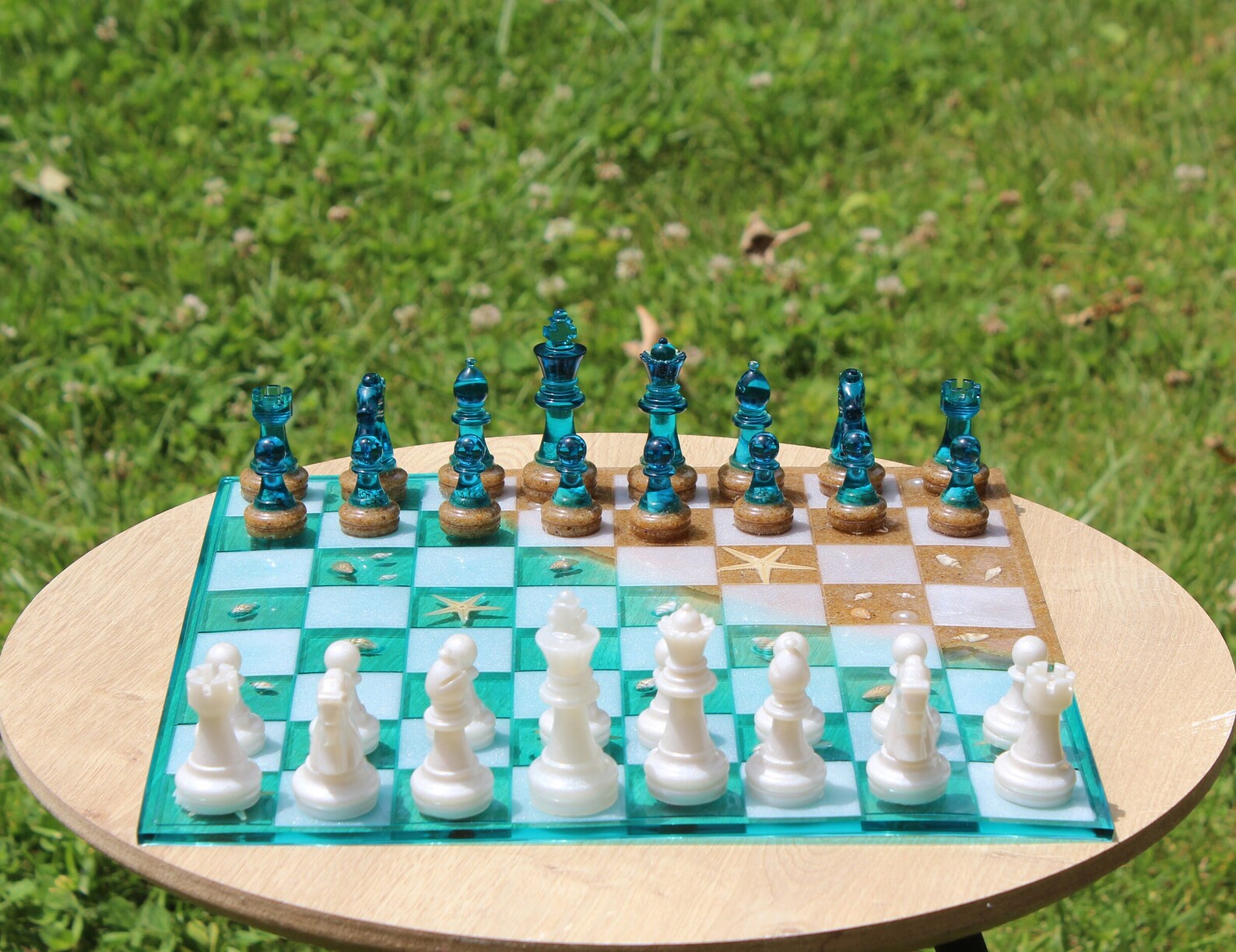 Beach Chess Set With Natural Wooden Storage, Ocean Beach Themed Resin ...