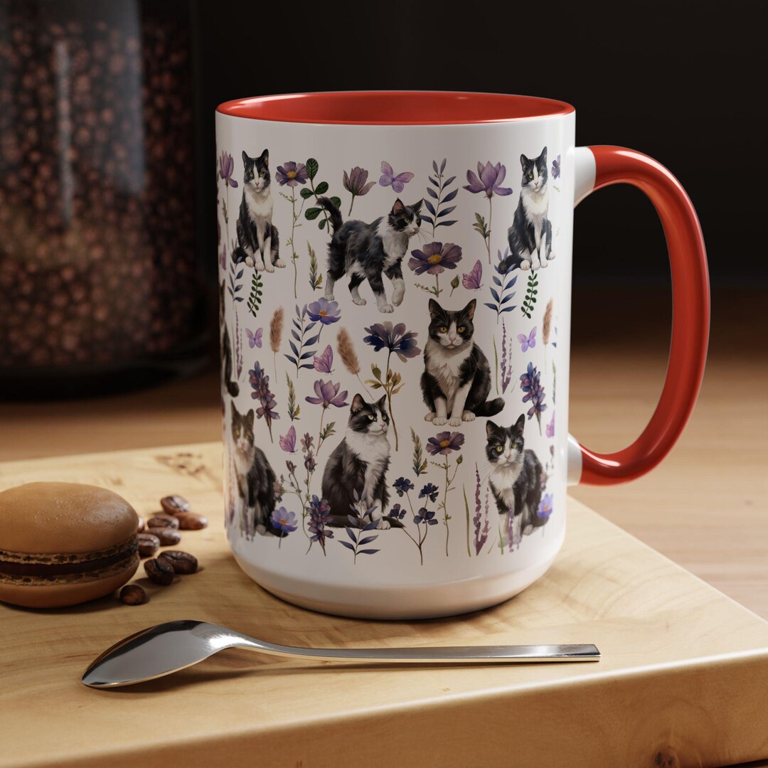 Tuxedo Cat Mug Tuxedo Cat Coffee Cup Tuxedo Cat Coffee Mug Floral ...
