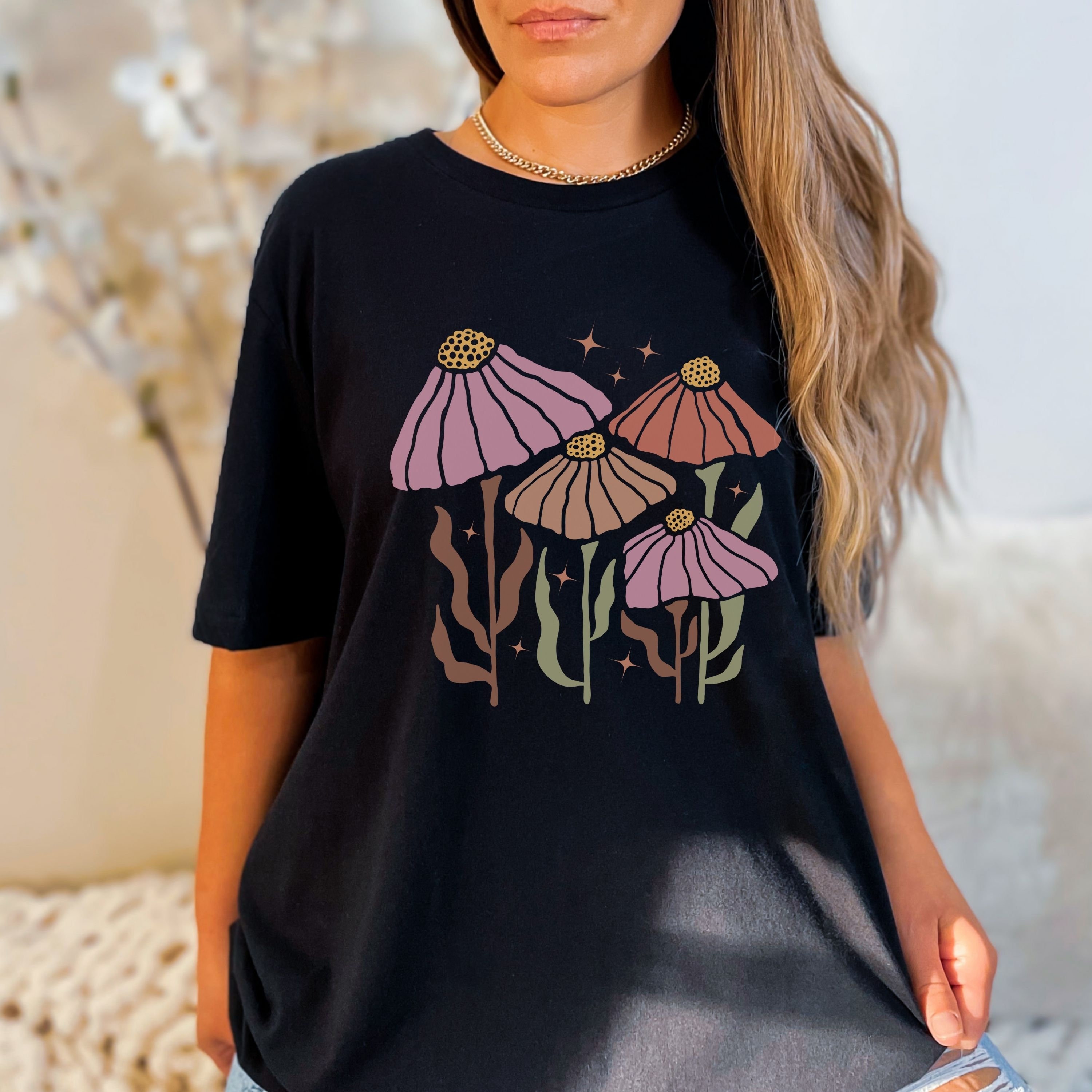 Boho Wavy Flower Shirt Retro Wild Flower Shirt Flower Pattern Shirt ...