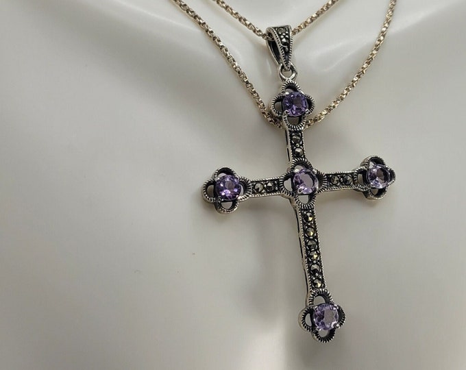 Bottony Cross Pendant Necklace | Amethyst Marcasite Sterling Silver ...