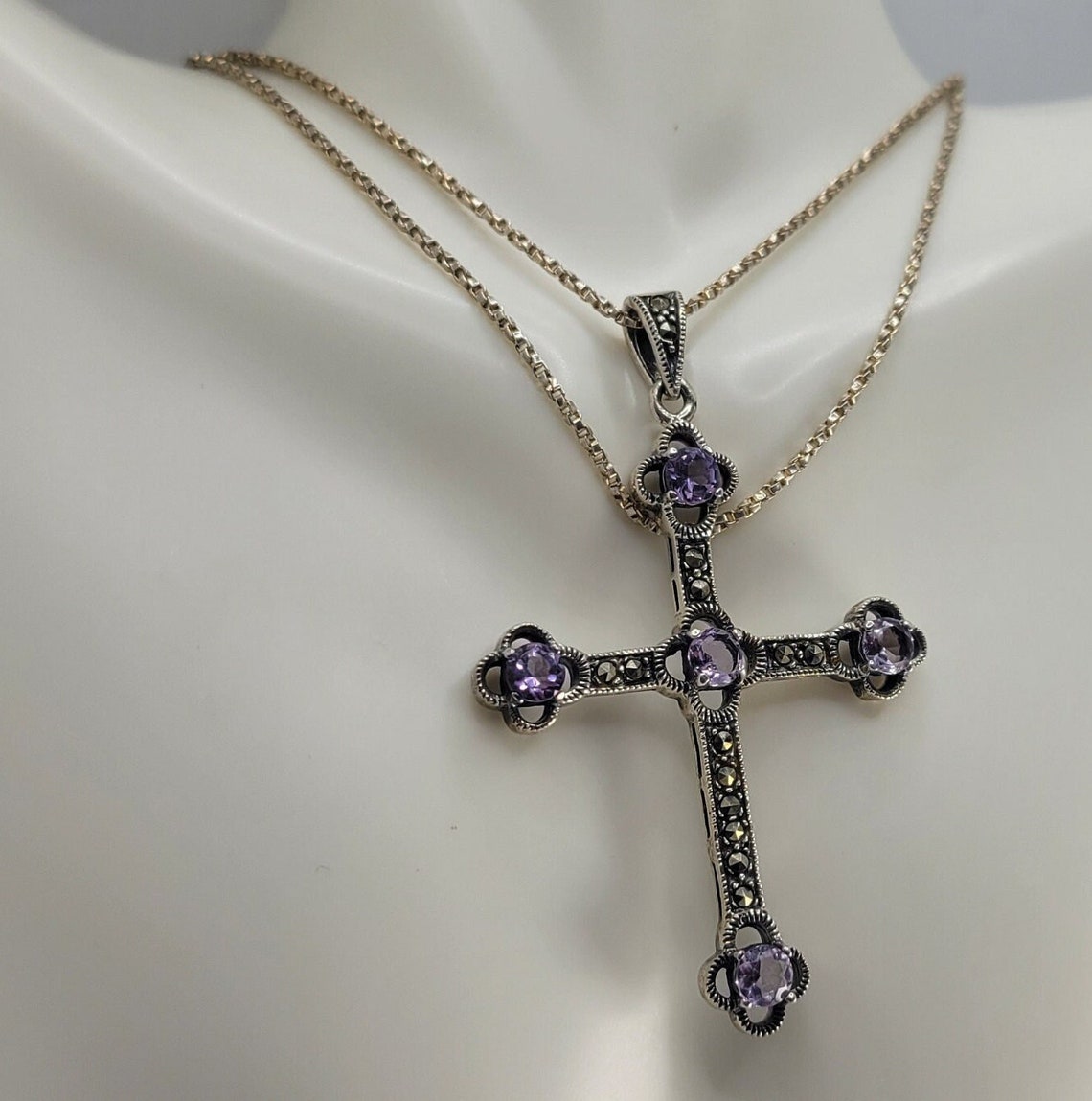 Bottony Cross Pendant Necklace Amethyst Marcasite Sterling - Etsy