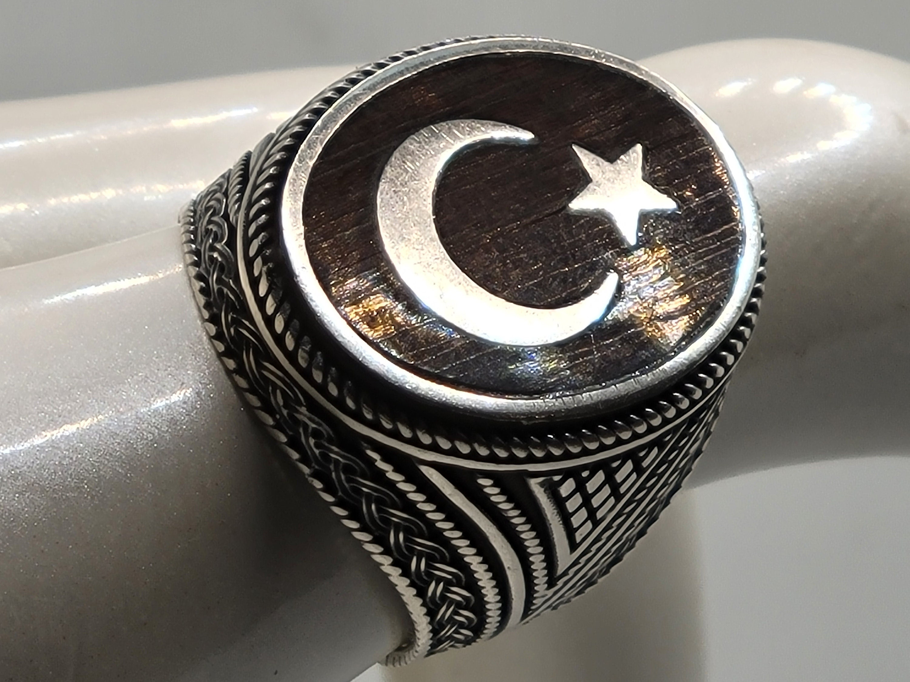 Crescent Moon Star Ring Sterling Silver Ring Mahogany Inlay Ring ...