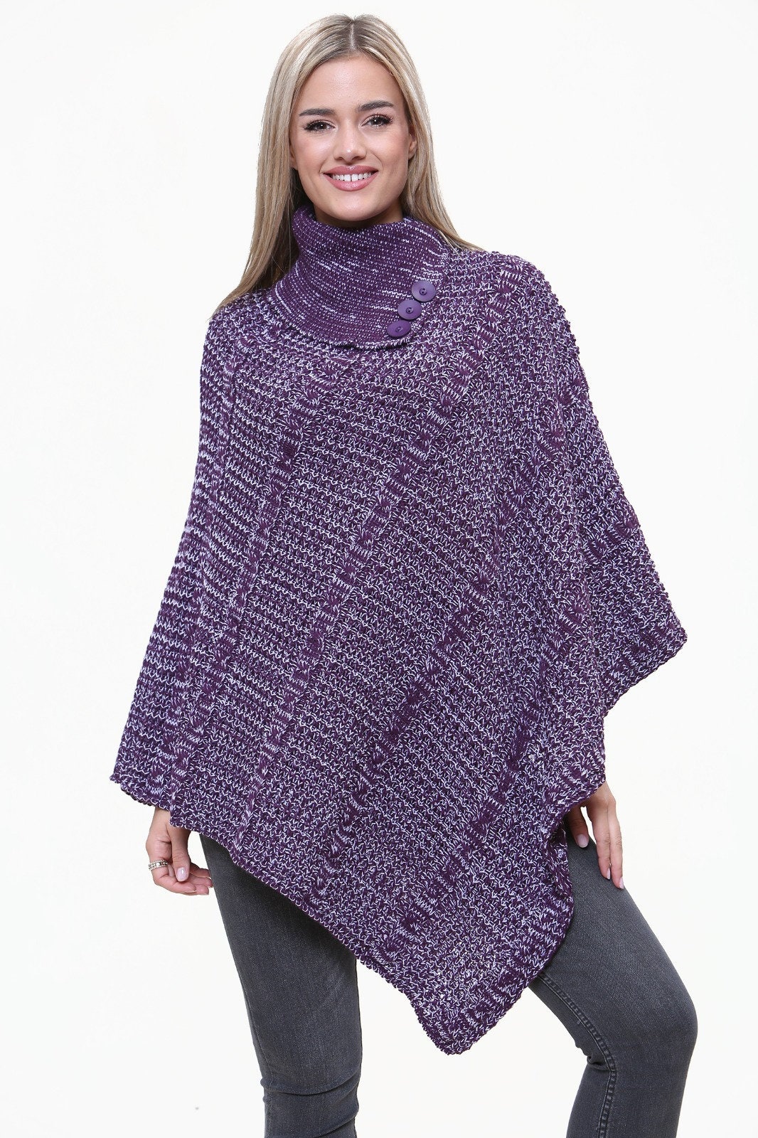 Womens Ladies Marl Print Cable Knitted Poncho Sweater Jumper Collared ...