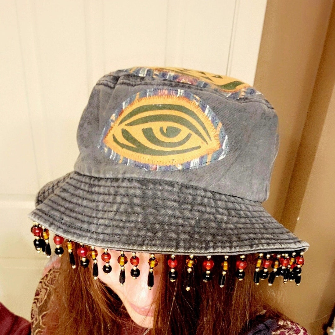 Third Eye Sacred Geometry Sri Yantra Bucket Hat With Beaded Trim Fringe ...