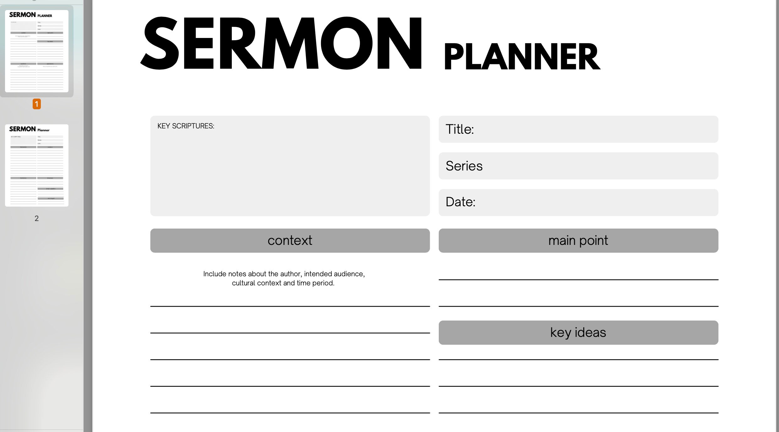 Sermon Planner Printable Black and White - Etsy