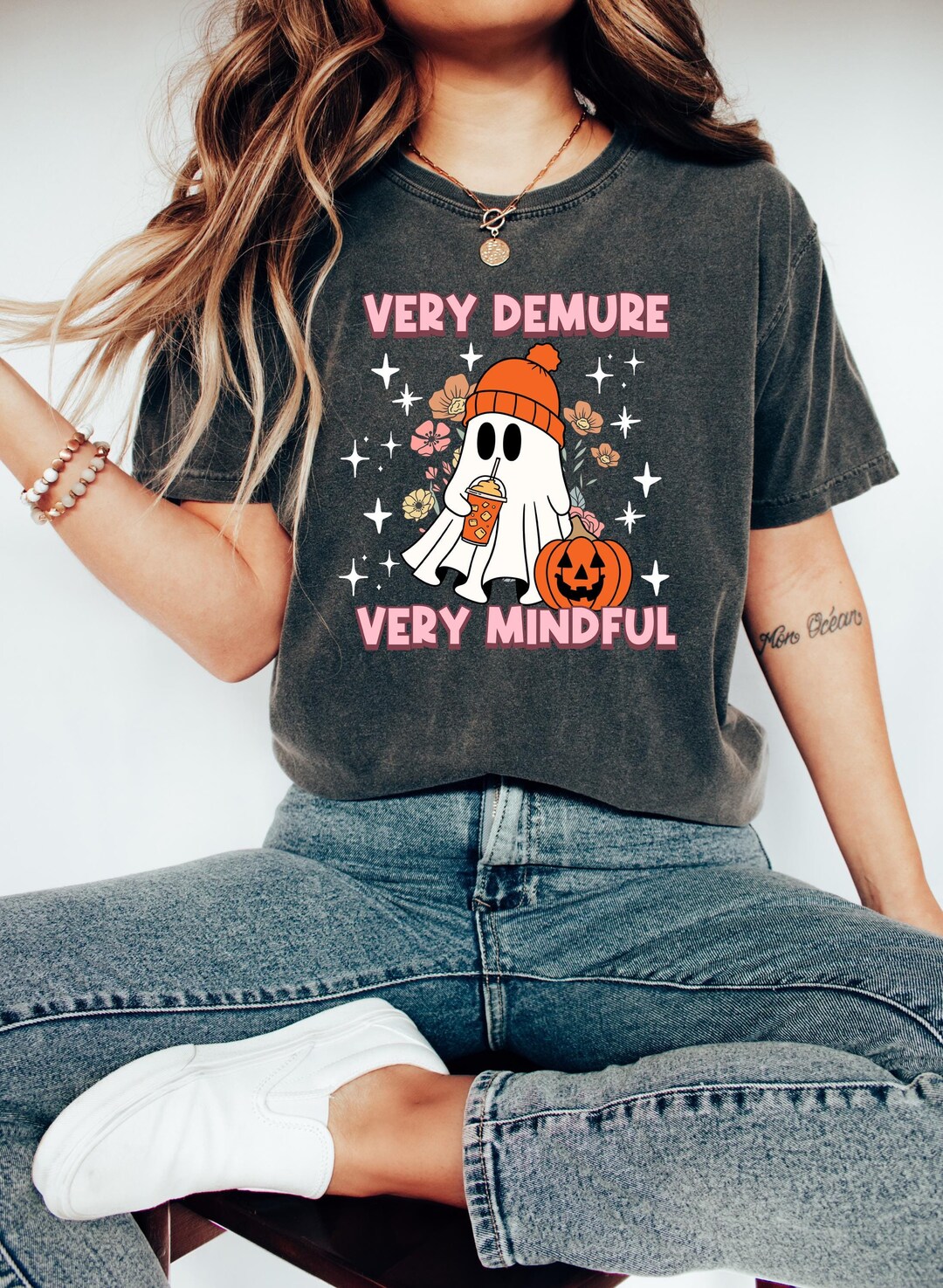 Very Demure Very Mindful Ghost Shirt, Cute Ghost Drinking Coffee Shirt ...