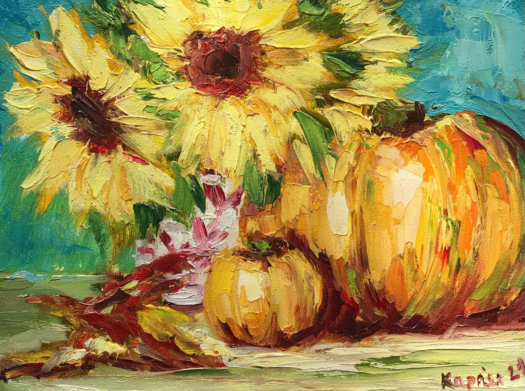 Sunflower Oil Painting, Still Life With Pumpkins on Fiberboard 18x24 Cm ...