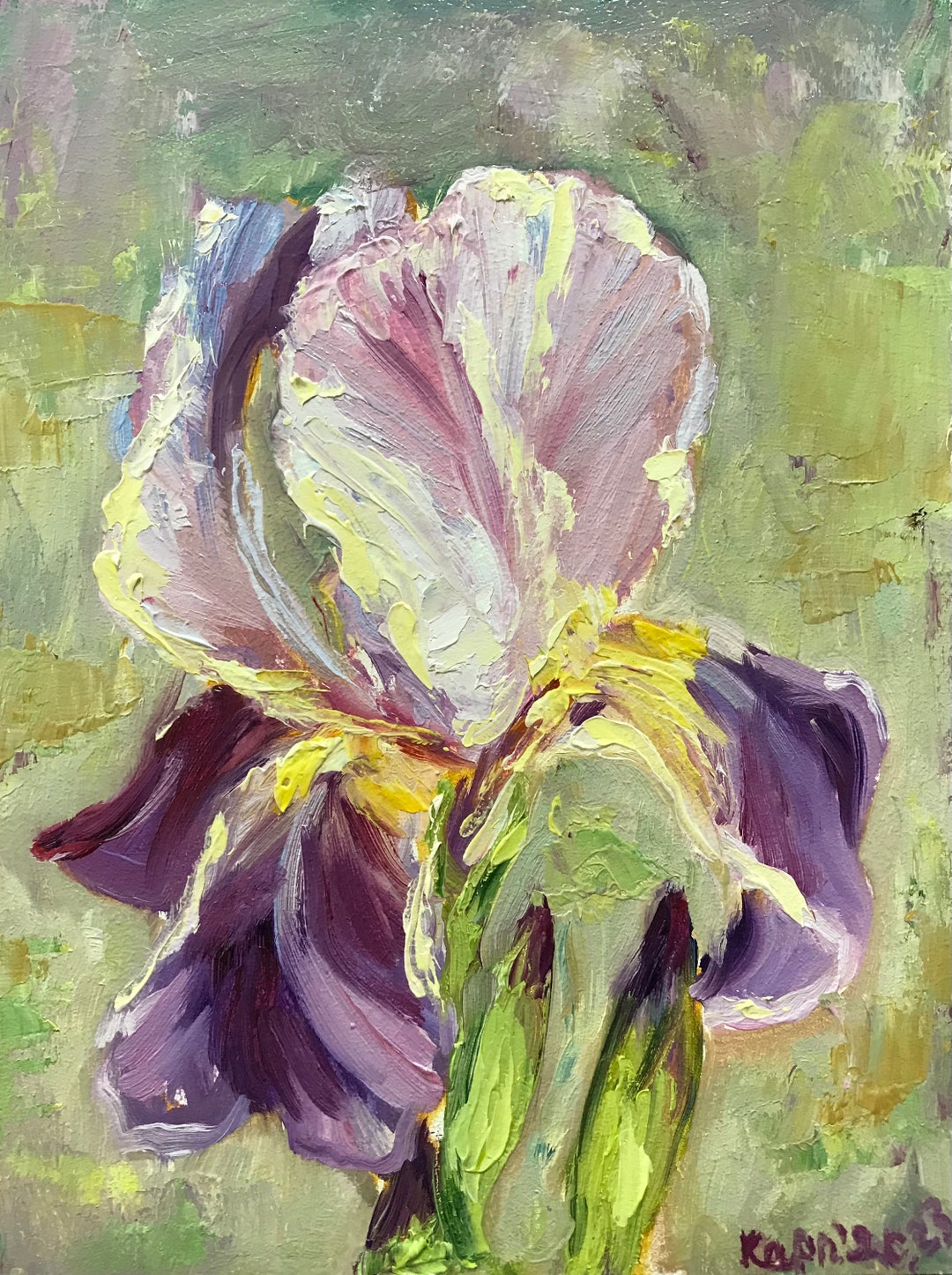 Oil Painting Iris Flower, Painting on Fiberboard 24x18cm.(9.4x7.1 ...