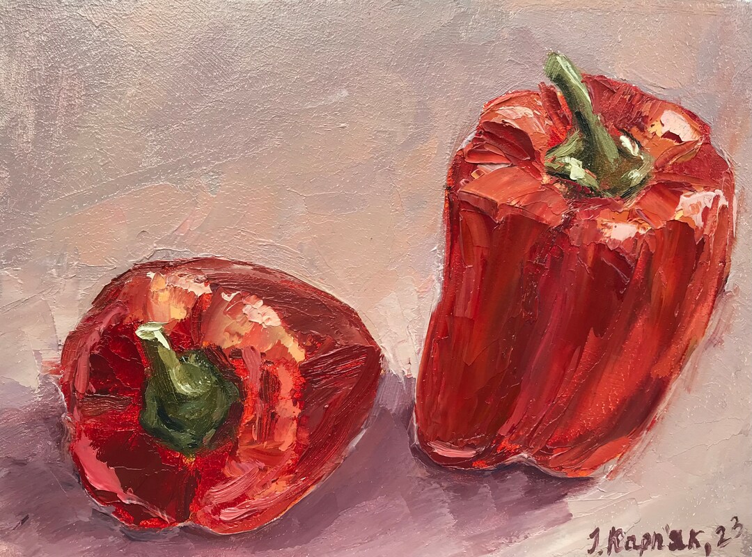 Oil Painting With Peppers, Still Life With Peppers on Fiberboard 18x24 ...
