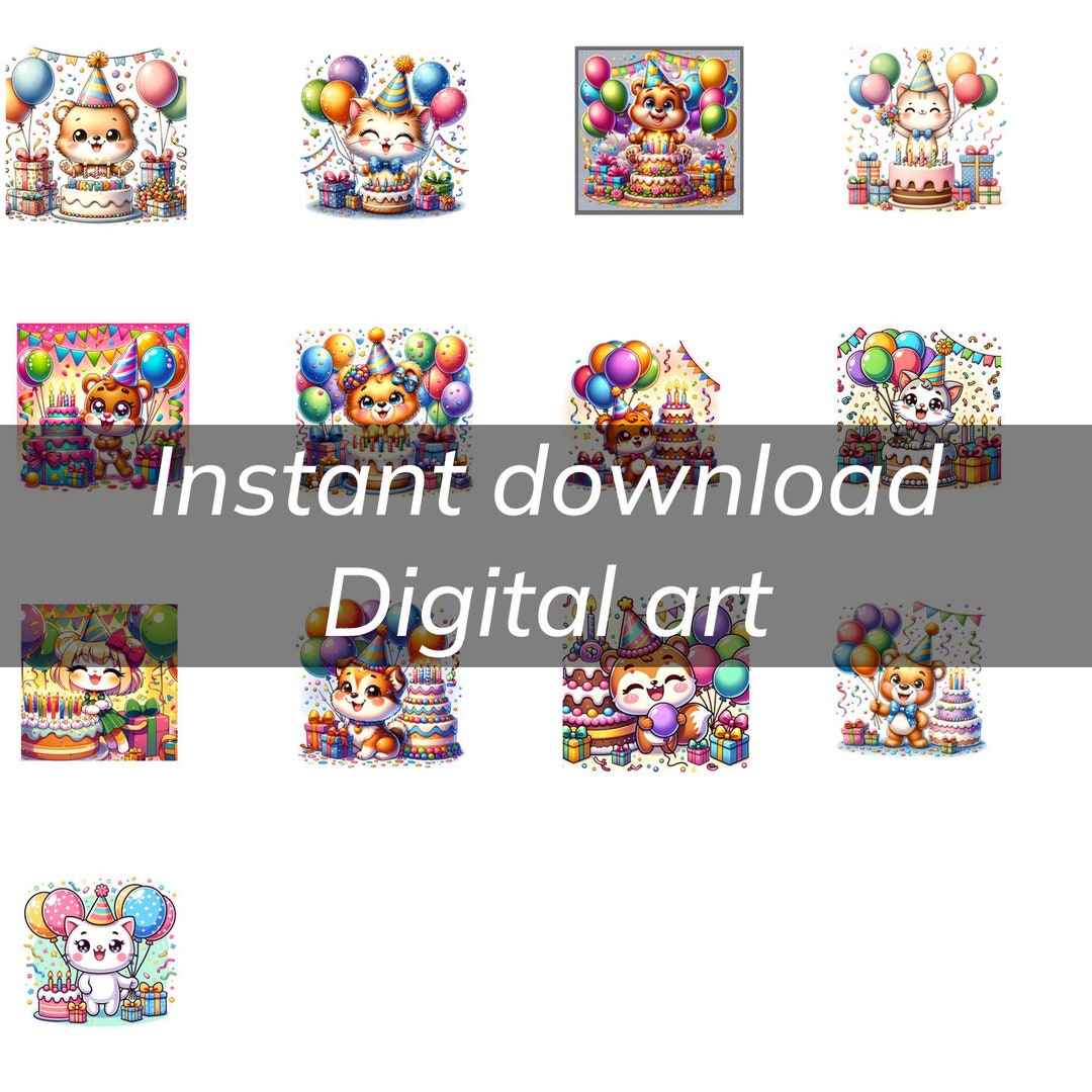 Cute Birthday Clip Art a Cat With a Birthday Hat and Balloons a Cartoon ...