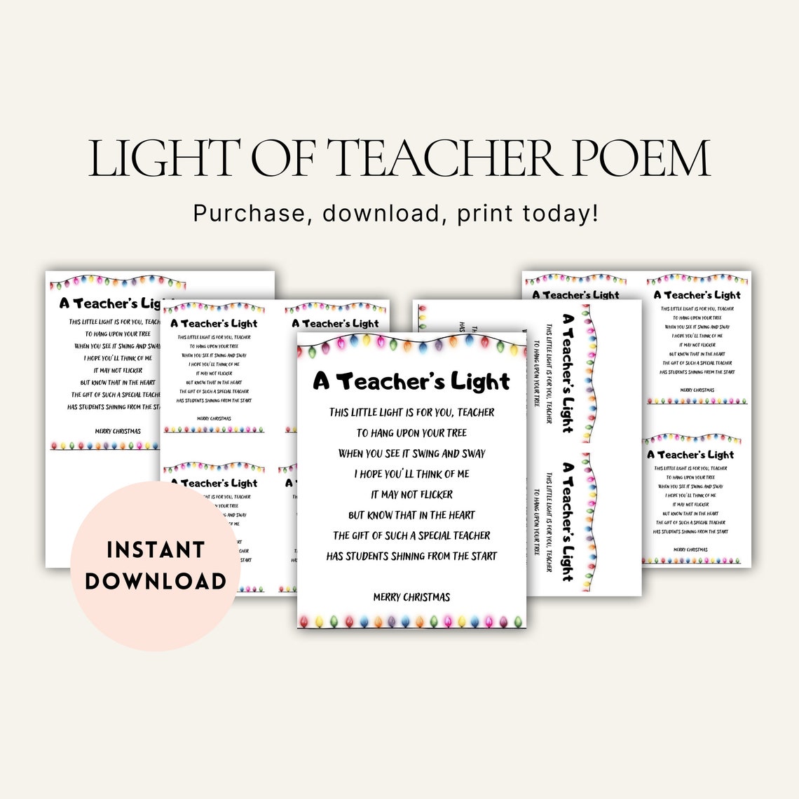 A Teacher’s Light Poem, Teacher Gift, Digital Download, Printable Poem ...