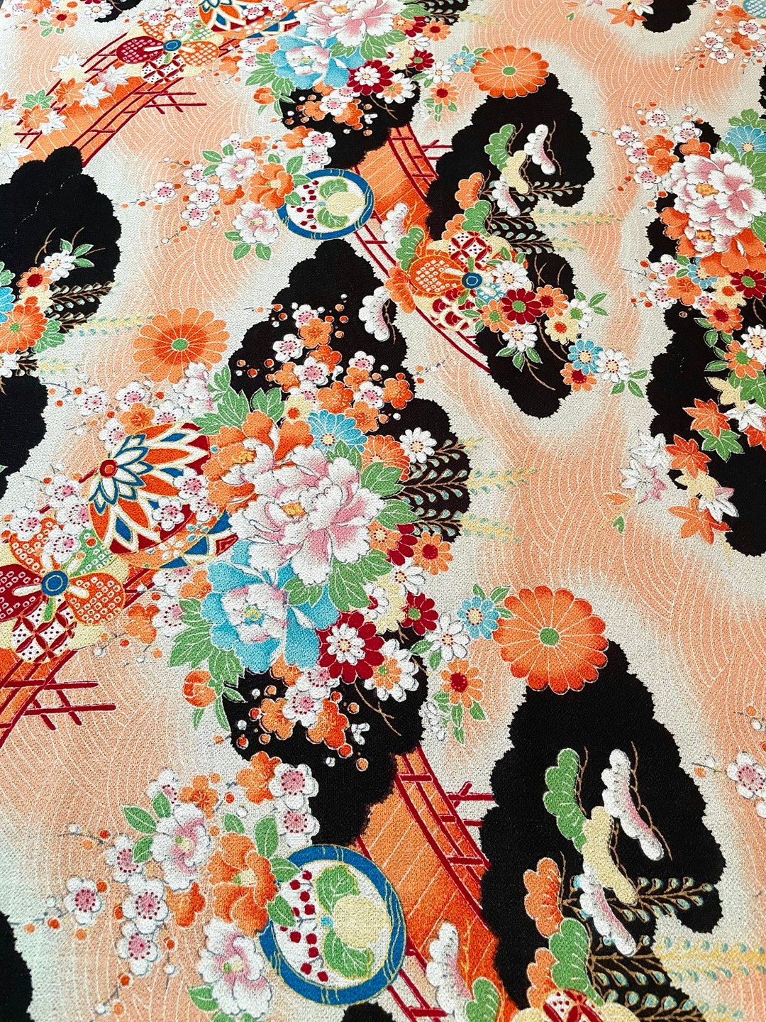 Kyoto Yuzen Crepe Fabric, Japanese Kimono Fabric, Chirimen Fabric ...