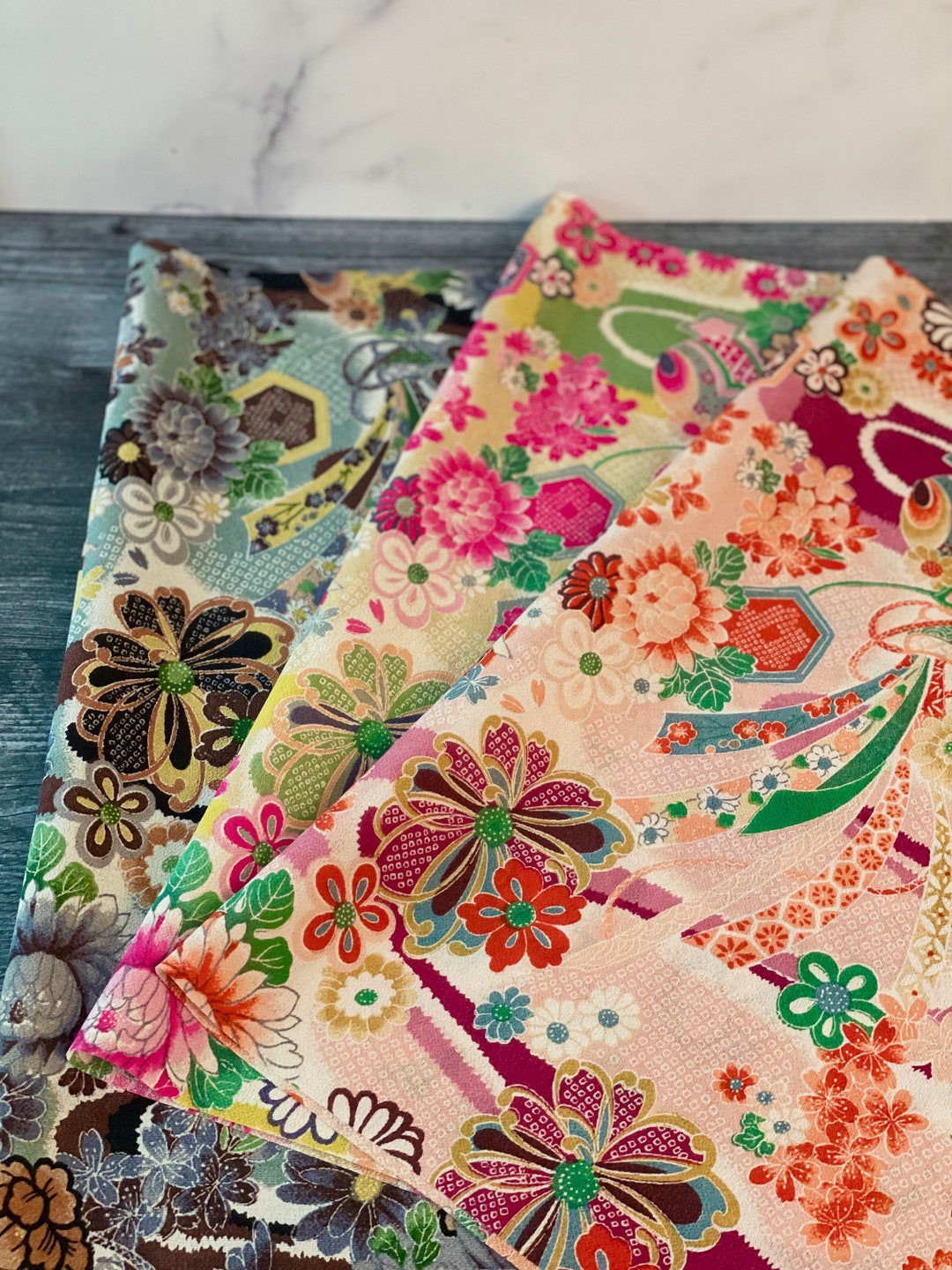 Kyoto Yuzen Crepe Fabric, Japanese Kimono Fabric, Chirimen Fabric ...