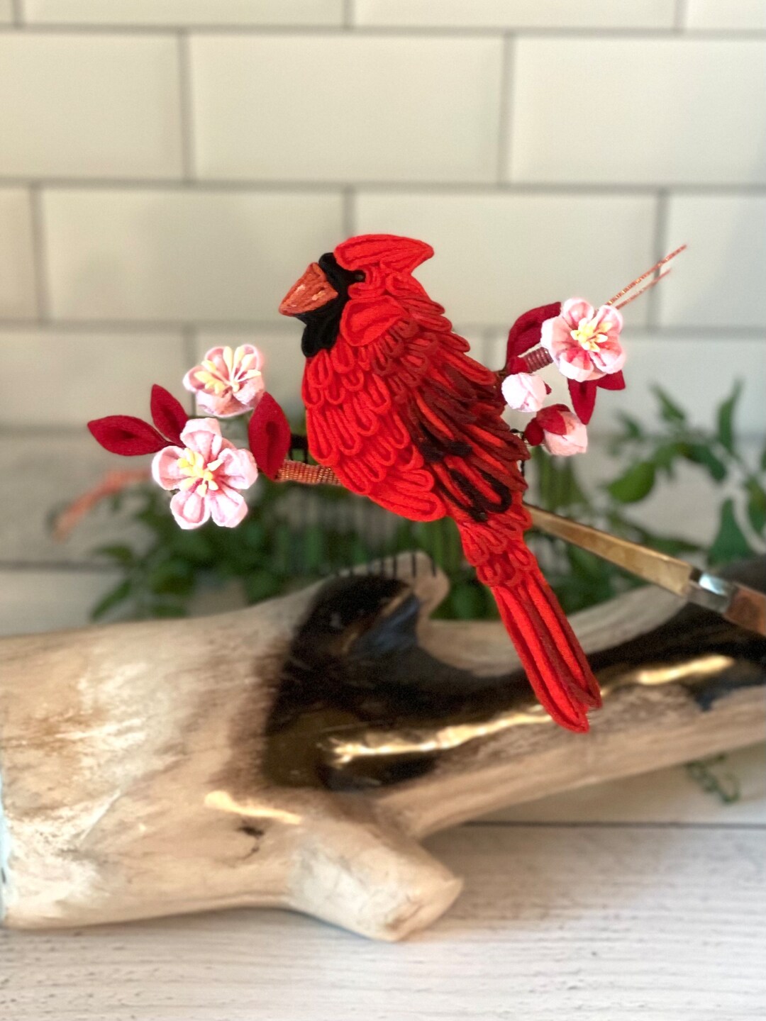 Japanese Chirimen Fabric Bird Hair Comb, Kanzashi Cardinal Hair Comb ...