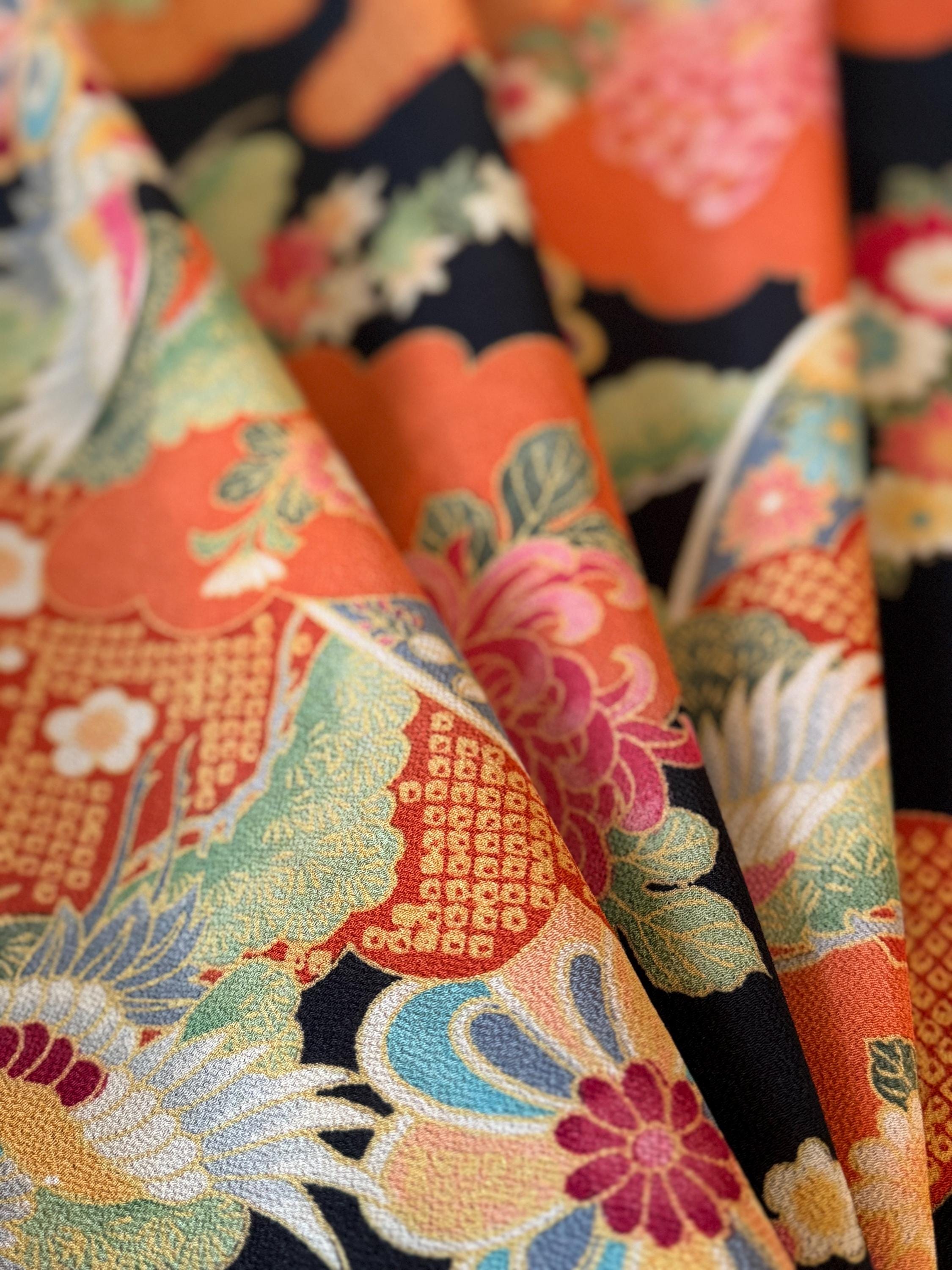 Kyoto Yuzen Rayon Crepe Fabric: Cranes, Plums, Chrysanthemums - Etsy