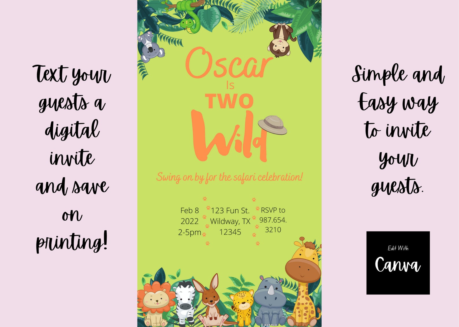 Two Wild Birthday Invitation Digital, Birthday Party Evite, Safari ...