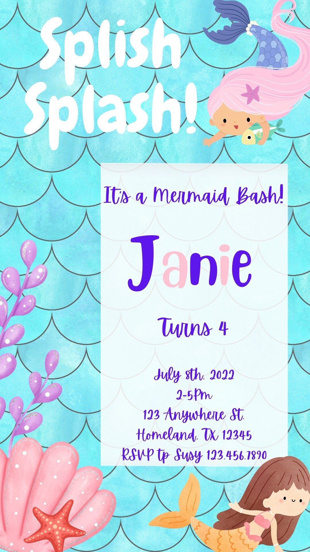 Mermaid Theme Birthday Invitations Digital, Mermaid Bash Invites ...