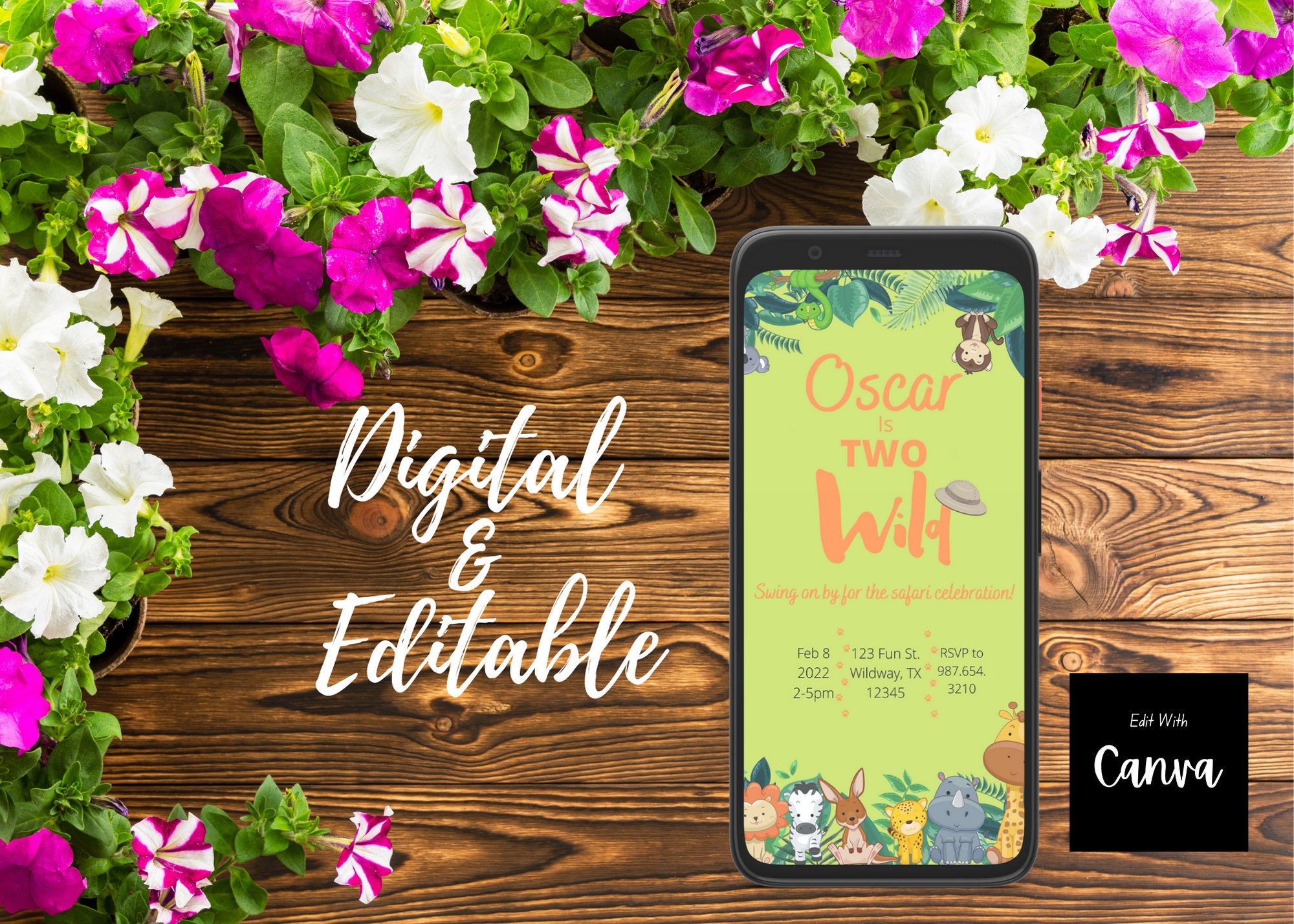 Two Wild Birthday Invitation Digital, Birthday Party Evite, Safari ...