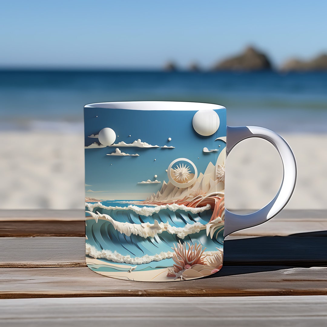 3D Beach Mug, 3D Cracked Wall Beach Landscape Mug Wrap Design, 3D Beach ...
