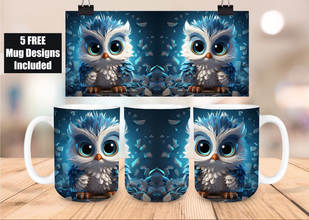 3D Owl Mug, Bright Blue Owl Mug Wrap, 3D Owl Mug Design, 3D Flower Mug ...