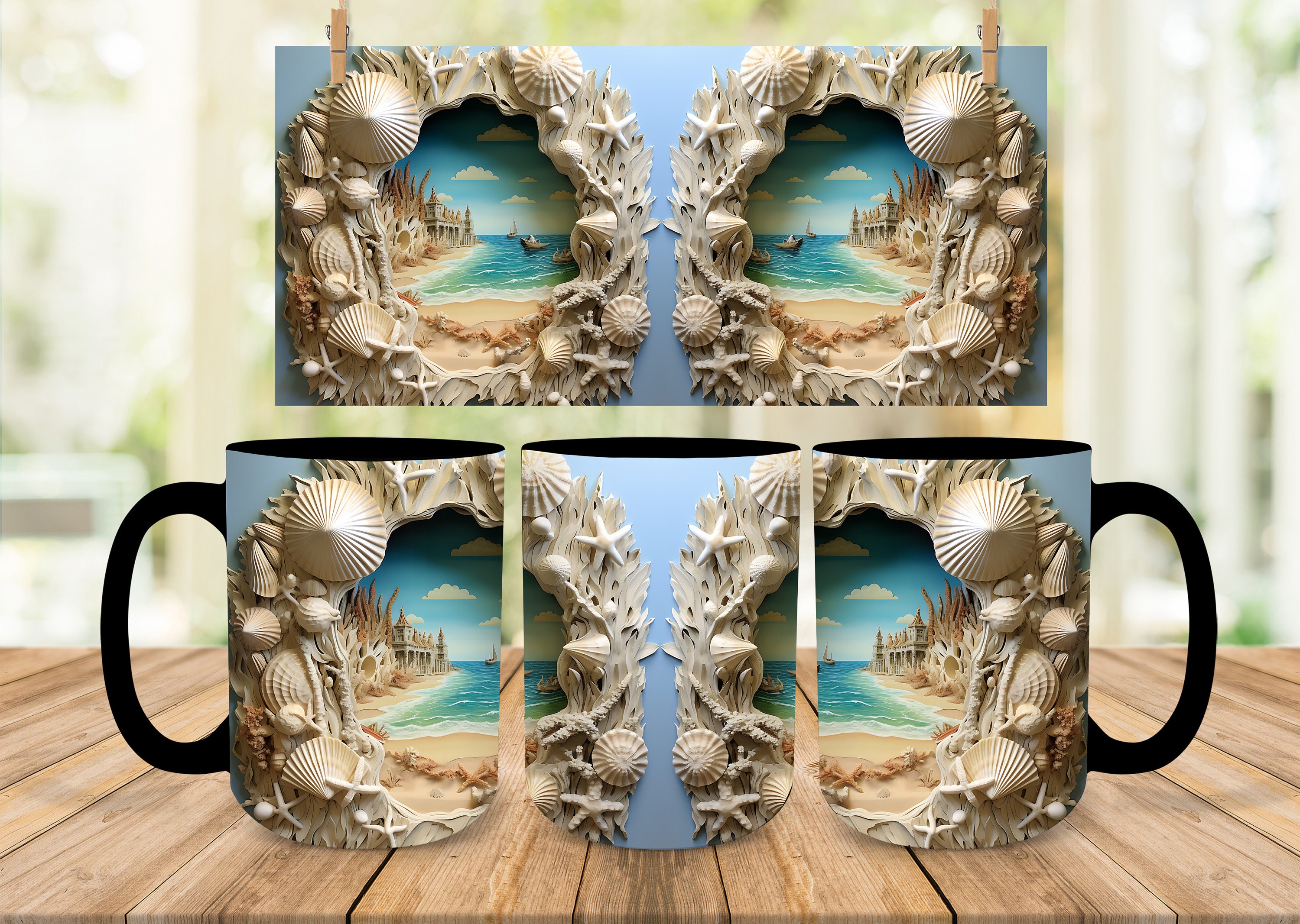 3D Beach Mug, 3D Cracked Wall Beach Landscape Mug Wrap Design, 3D Beach ...
