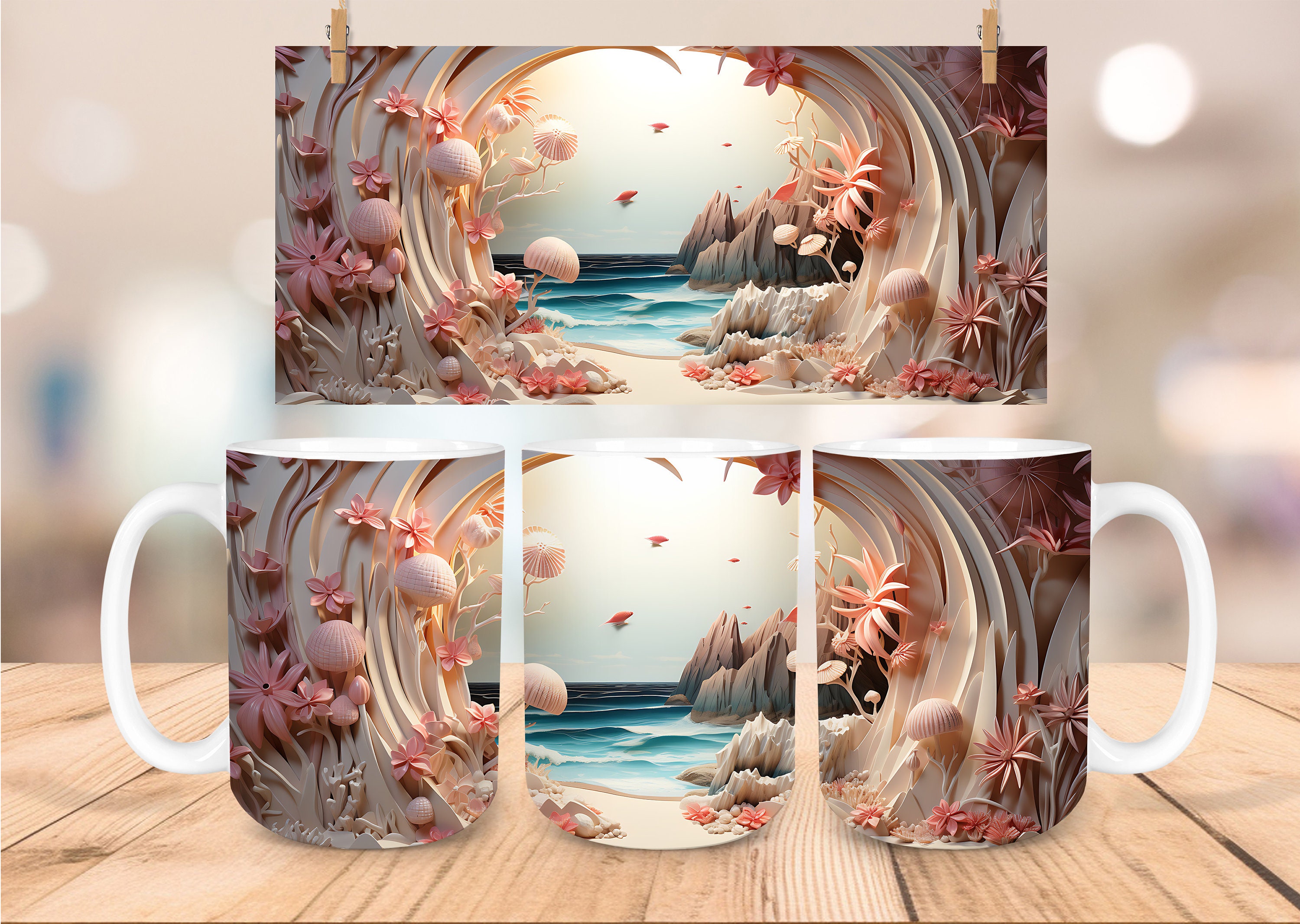 3D Tropical Beach Landscape Cave Hole Mug Wrap Design Bundle, 11oz 15oz ...