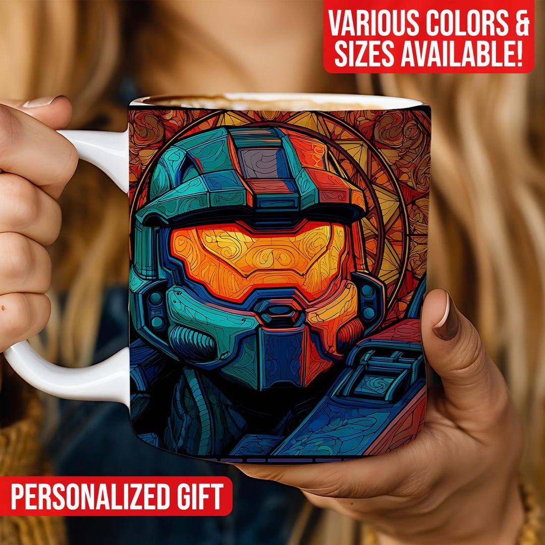 Stained Glass Art Shooter Game Halo Mug, First Person Shooter Ceramic ...