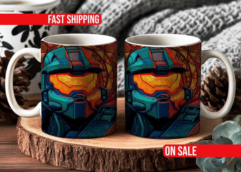 Stained Glass Art Shooter Game Halo Mug, First Person Shooter Ceramic ...