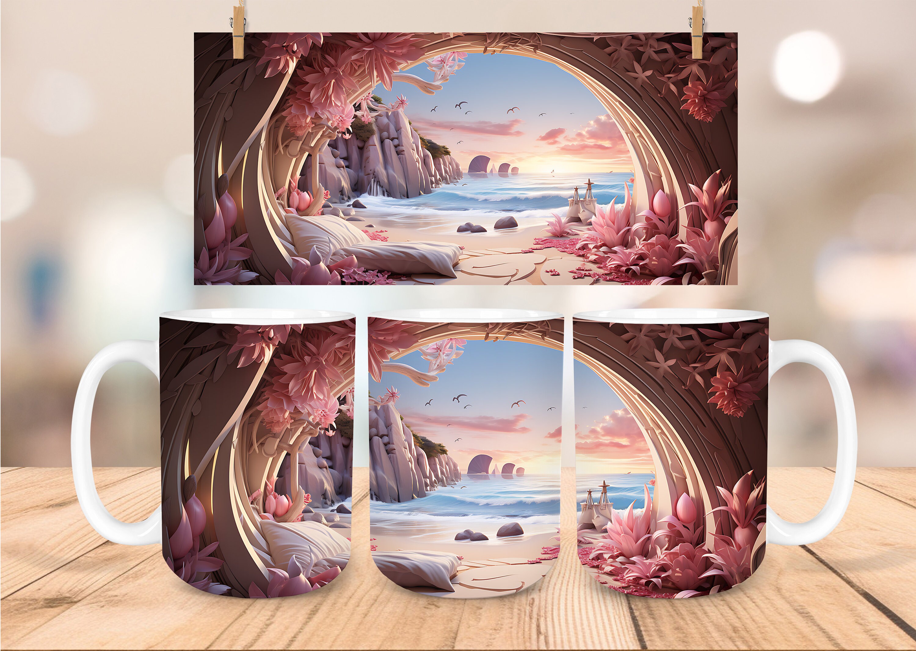 3D Tropical Beach Landscape Cave Hole Mug Wrap Design Bundle, 11oz 15oz ...