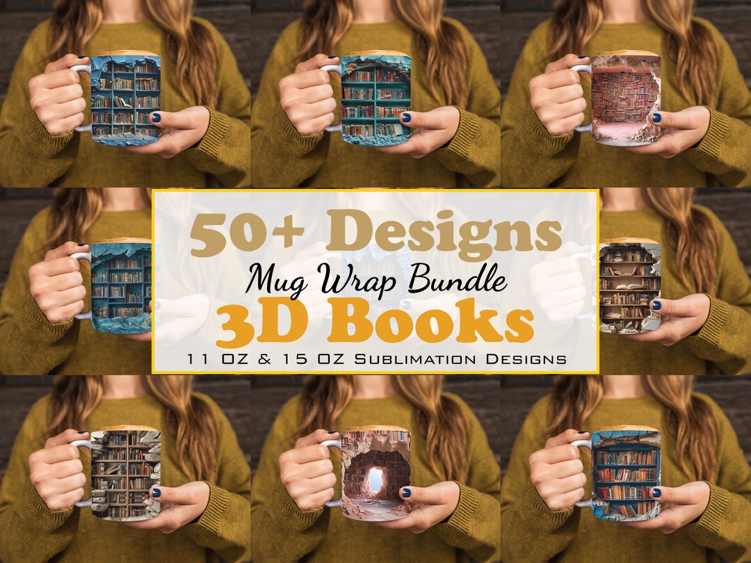50+ 3D Library Bookcase Mug Wrap Bundle PNG, Book Lover Mug Sublimation ...
