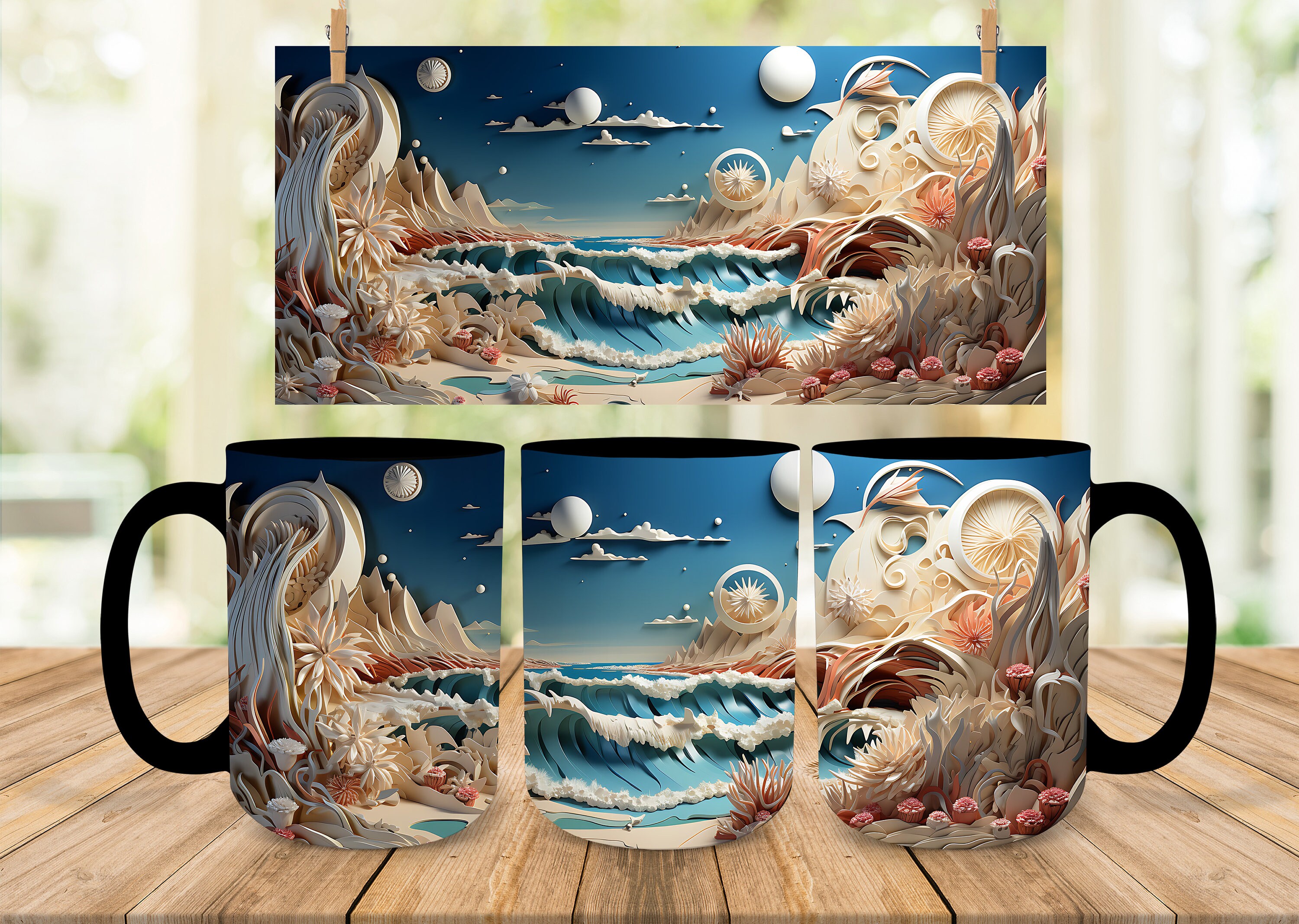 3D Beach Mug, 3D Cracked Wall Beach Landscape Mug Wrap Design, 3D Beach ...