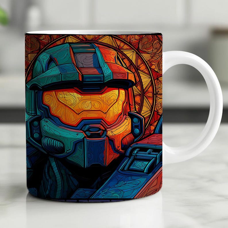 Stained Glass Art Shooter Game Halo Mug, First Person Shooter Ceramic ...