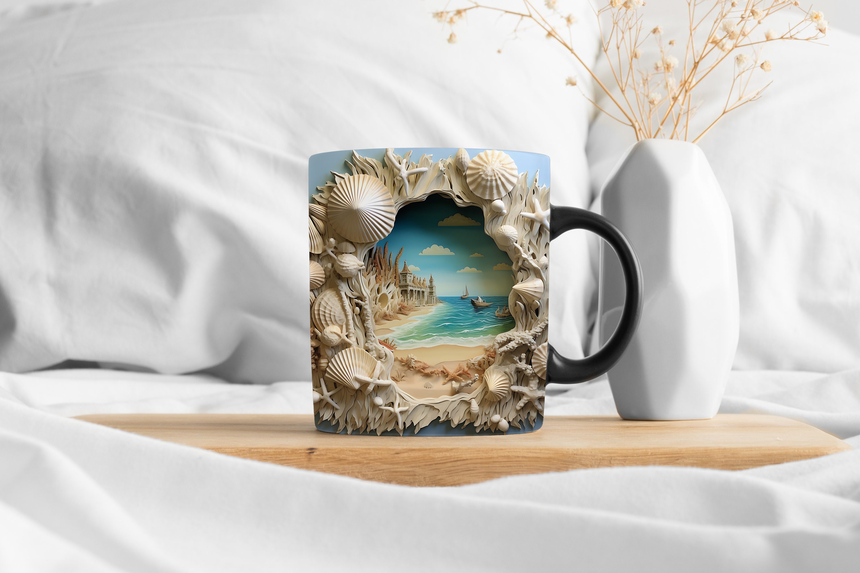 3D Beach Mug, 3D Cracked Wall Beach Landscape Mug Wrap Design, 3D Beach ...