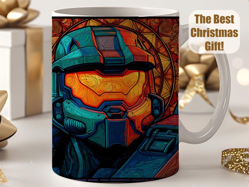 Stained Glass Art Shooter Game Halo Mug, First Person Shooter Ceramic ...