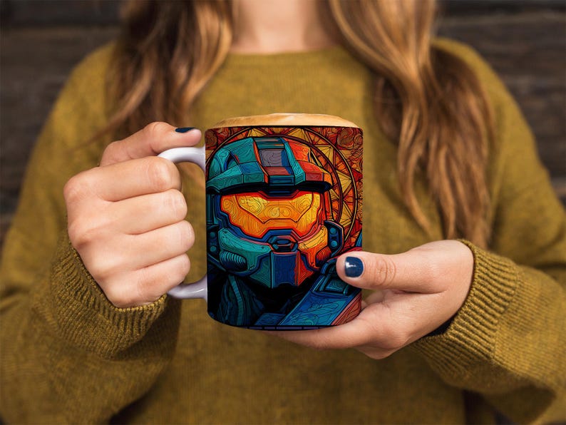 Stained Glass Art Shooter Game Halo Mug, First Person Shooter Ceramic ...